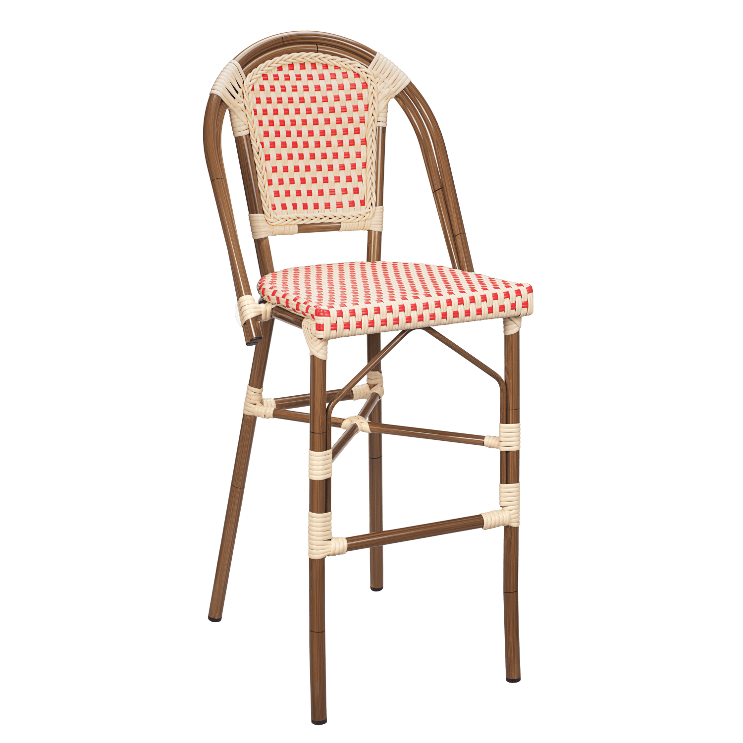 Aluminum Bamboo Bar Stool With Red and Cream Rattan