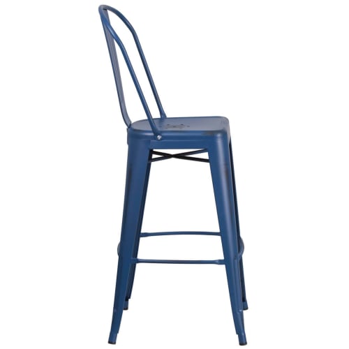 Distressed Dark Blue Bistro Style Metal Bar Stool